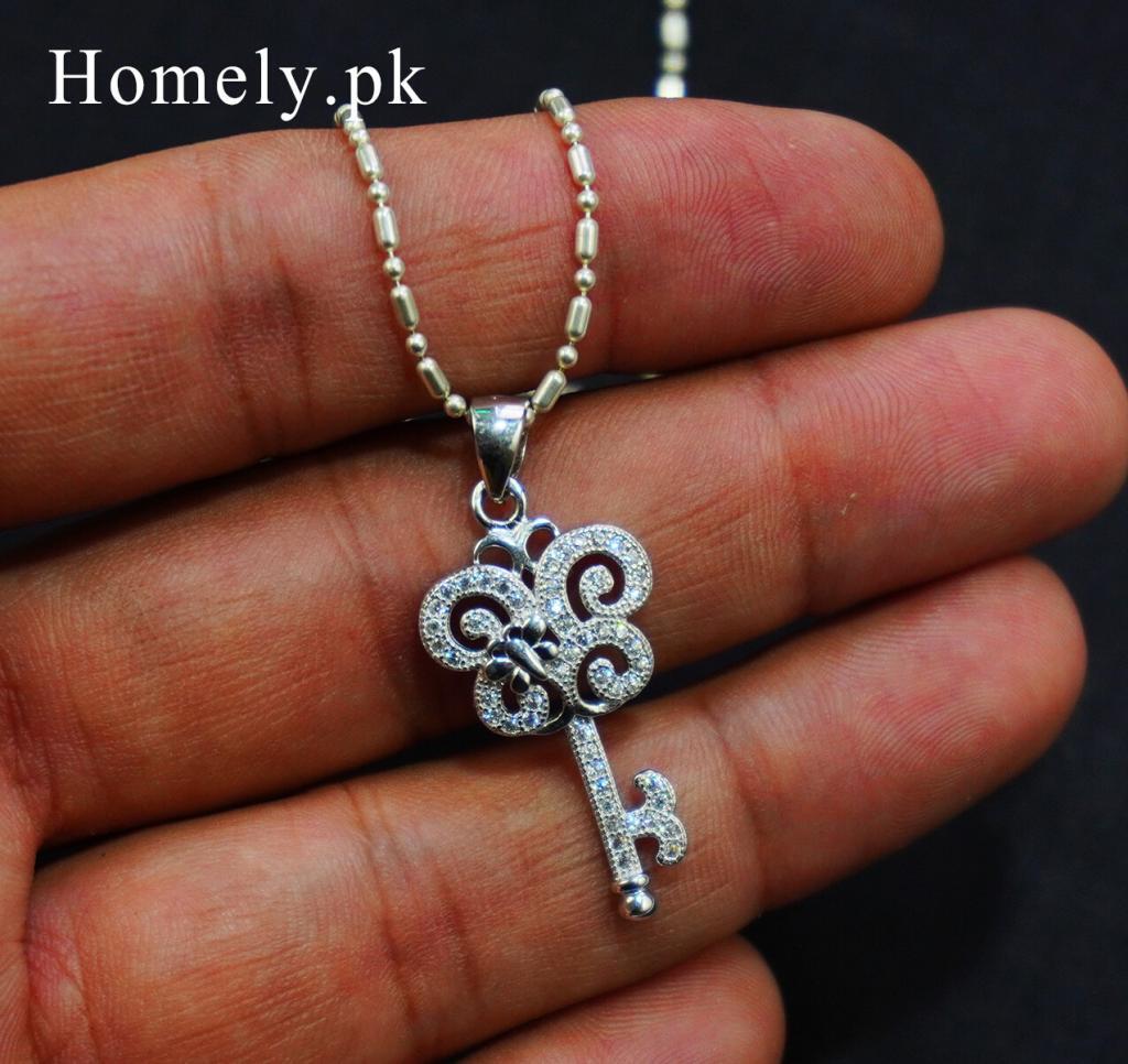 Love Key Shape Silver Locket With Chain (Pure Chandi) - Homely.pk