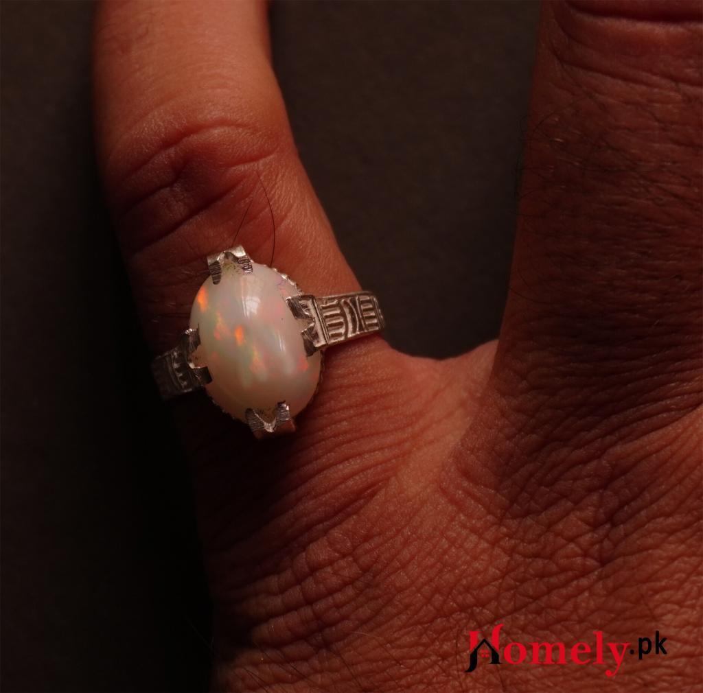 Fire Opal Natural Khalis Chandi Ring ( Hand Made ) - Homely.pk